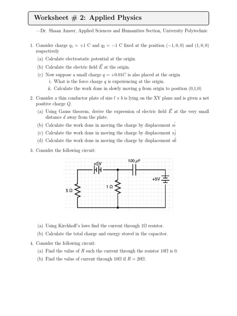 Applied Physics Worksheet: Electrostatics & Circuits | PDF