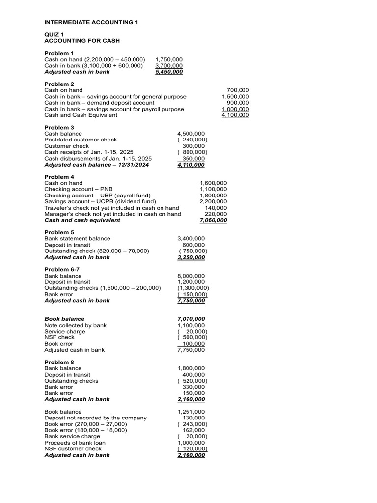 Quiz-1-Accounting-for-Cash-Answer-Key | PDF | Banks | Deposit Account