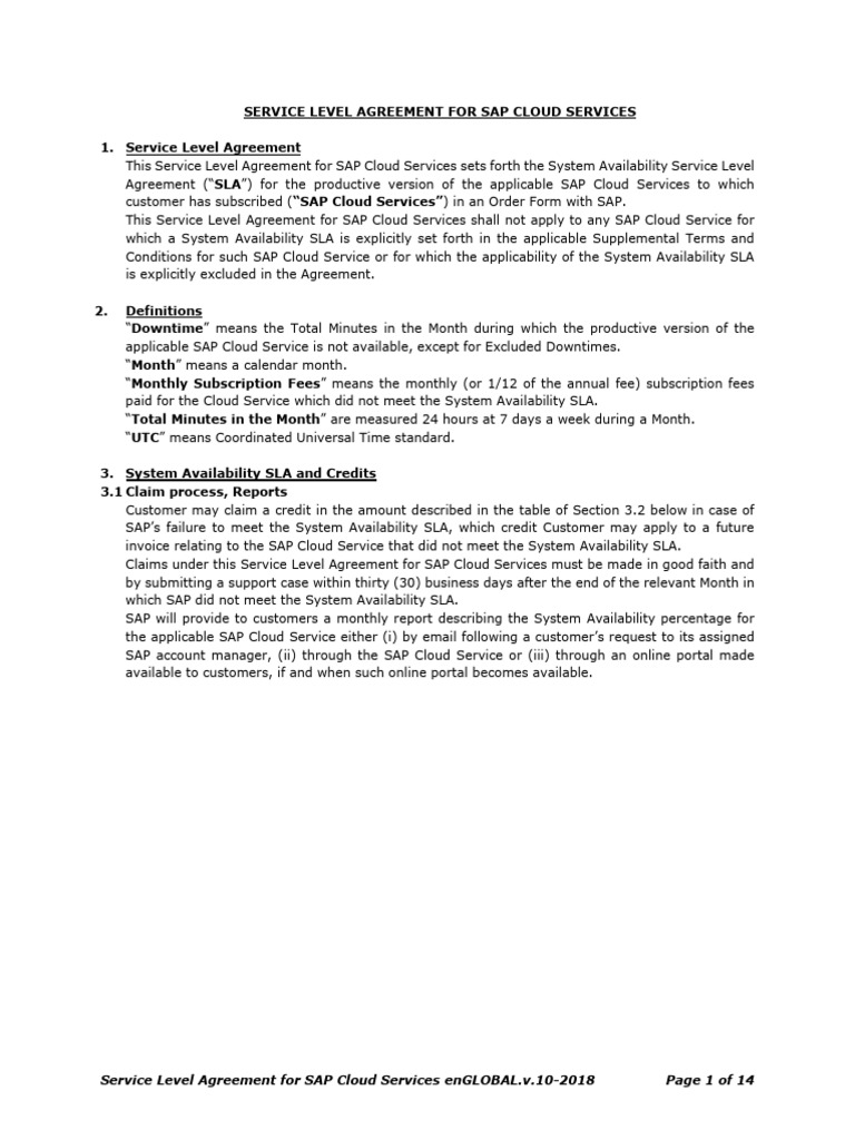 Service Level Agreement For SAP Cloud Services | PDF | Service Level ...