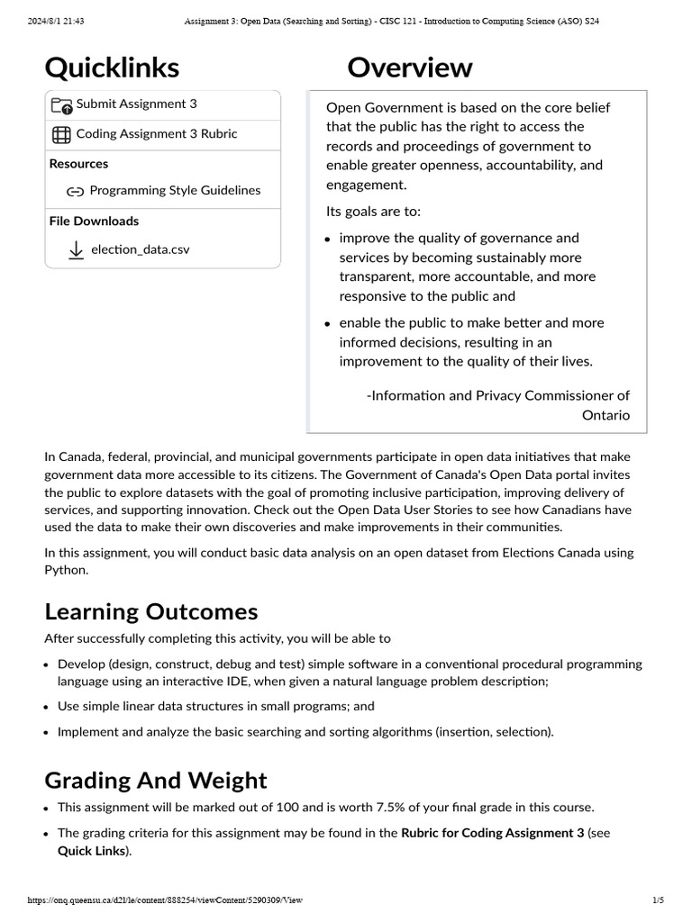 Assignment 3 - Open Data (Searching and Sorting) - CISC 121 - Introduction To Computing Science ...