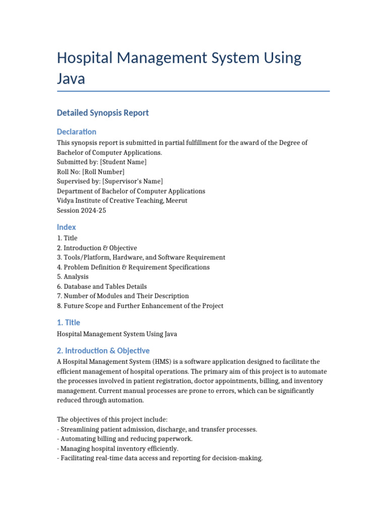 Detailed Hospital Management System Report | PDF | Java (Programming Language) | Databases