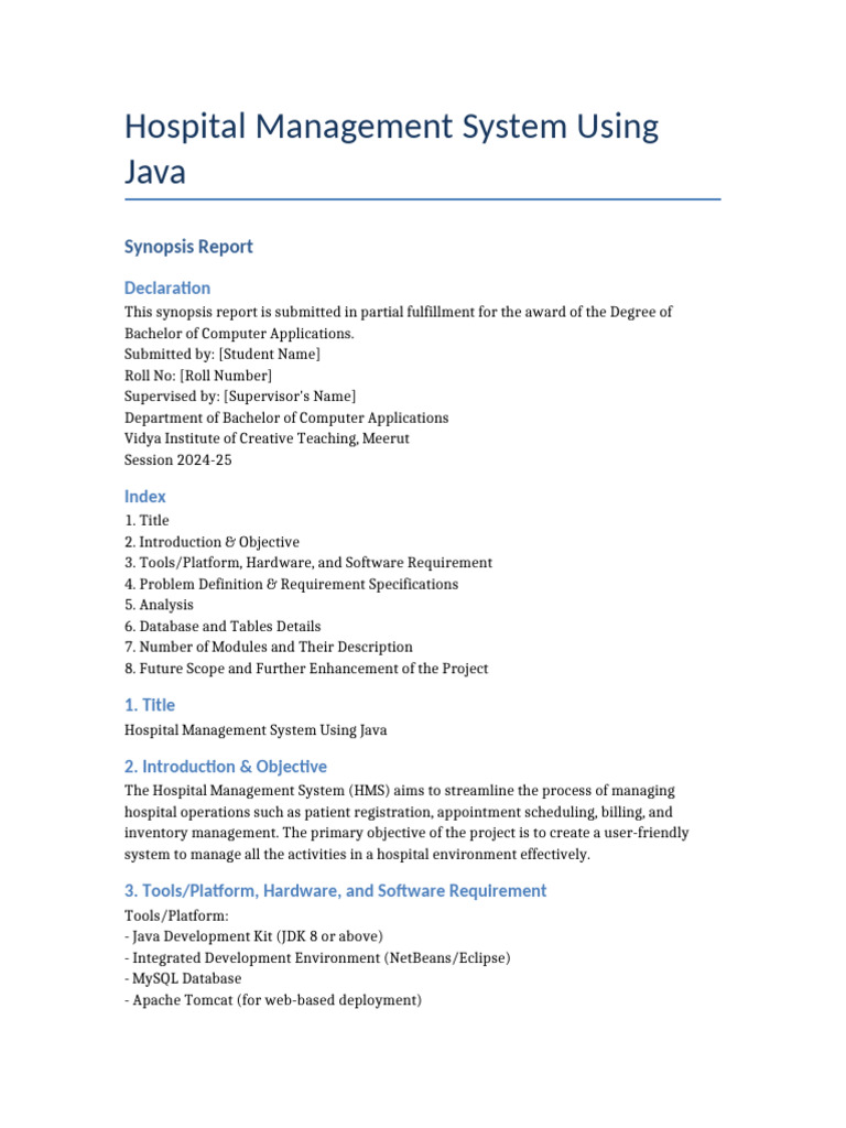 Hospital Management System Synopsis | PDF | Net Beans | Applications ...