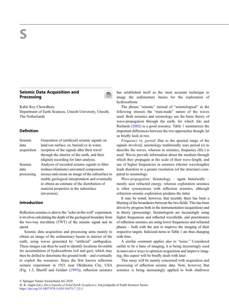 RoyChowdhury2020_ReferenceWorkEntry_SeismicDataAcquisitionAndProce | PDF | Seismology ...