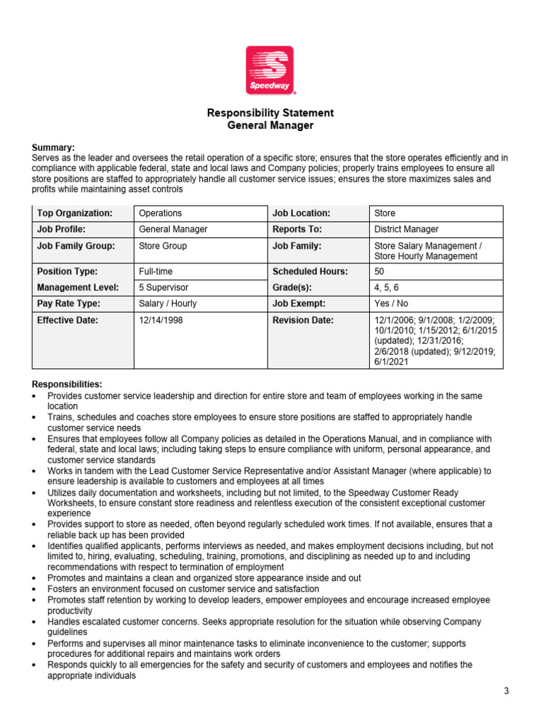 Store Leadership Job Responsibility Statements | PDF | Employment | Employee Retention