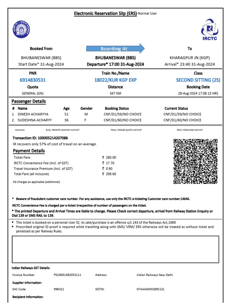 18022/KUR KGP EXP Second Sitting (2S) | PDF | Identity Document | Payments