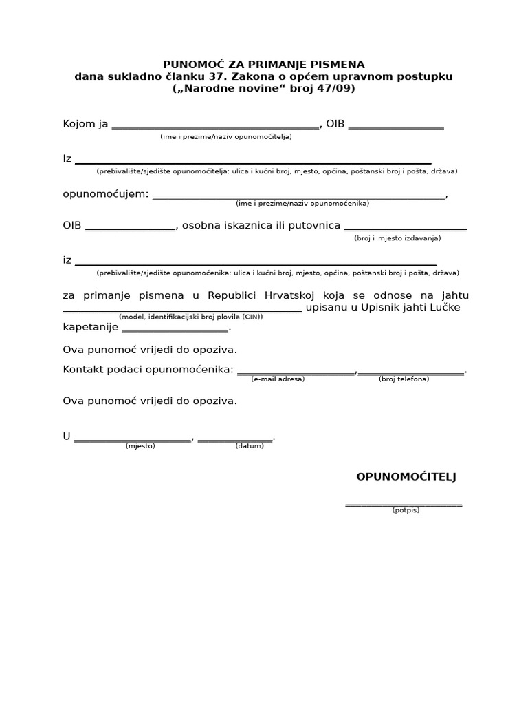 Punomoc Za Primanje Pismena Jahte 2013 22-2 - 13 | PDF