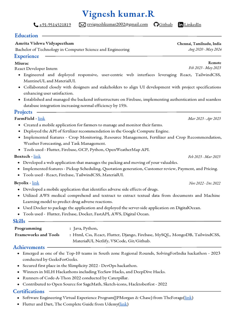 Vignesh Kumar Resume | PDF | Mobile App | User Interface