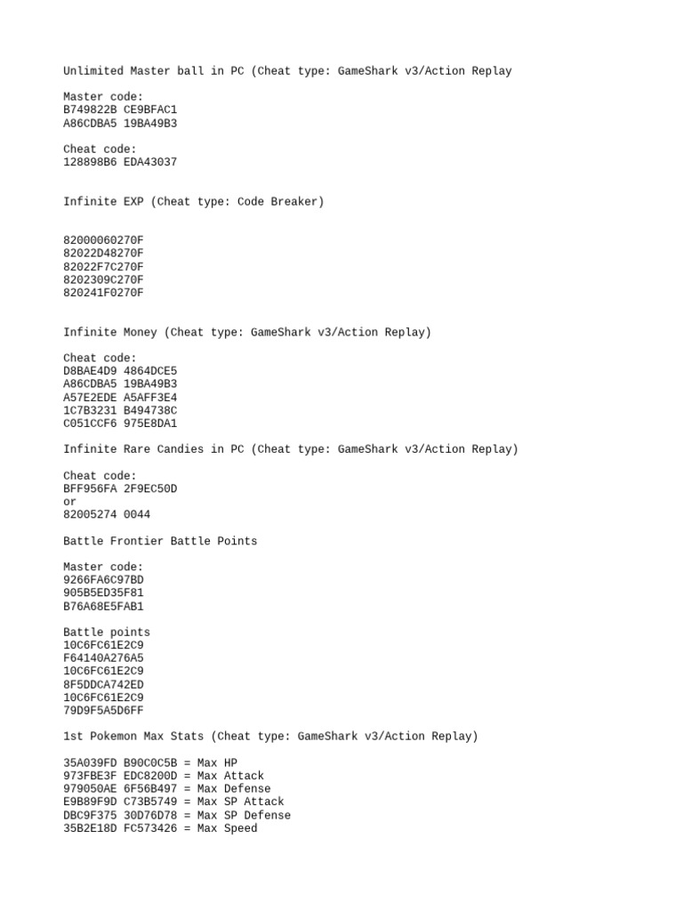 Pokemon Emerald Cheats | PDF | Cheating In Video Games | Game Design