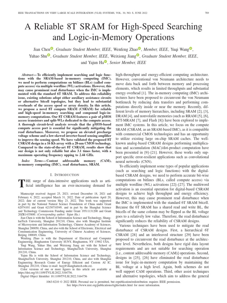 A Reliable 8T SRAM For High-Speed Searching and Logic-in-Memory ...