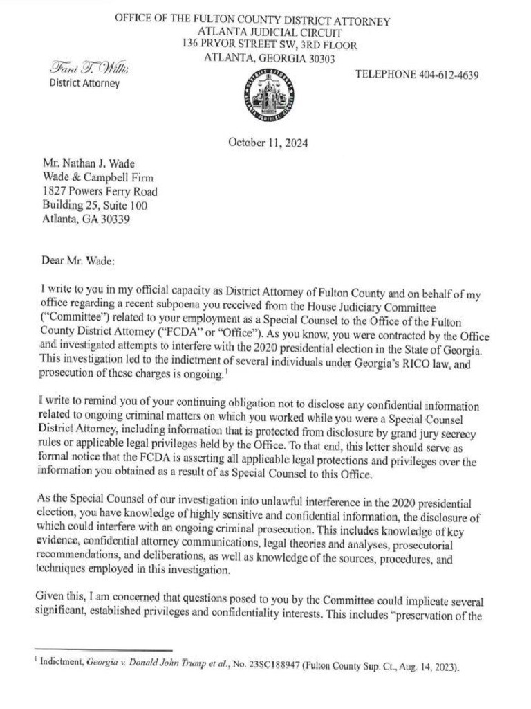 10-14-2024 - Fani Willis Letter To Nathan Wade Re Testimony | PDF