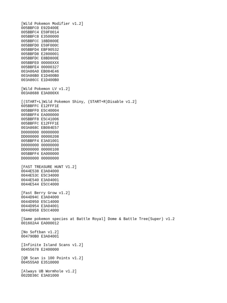 Pokémon Ultra Sun Cheat Codes v1.2 | PDF | Game Design | Gaming