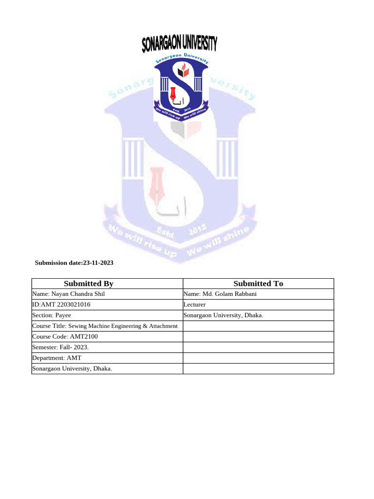 Nayan Chandra Shil-AMT2203021016 | PDF | Sewing Machine | Sewing Needle