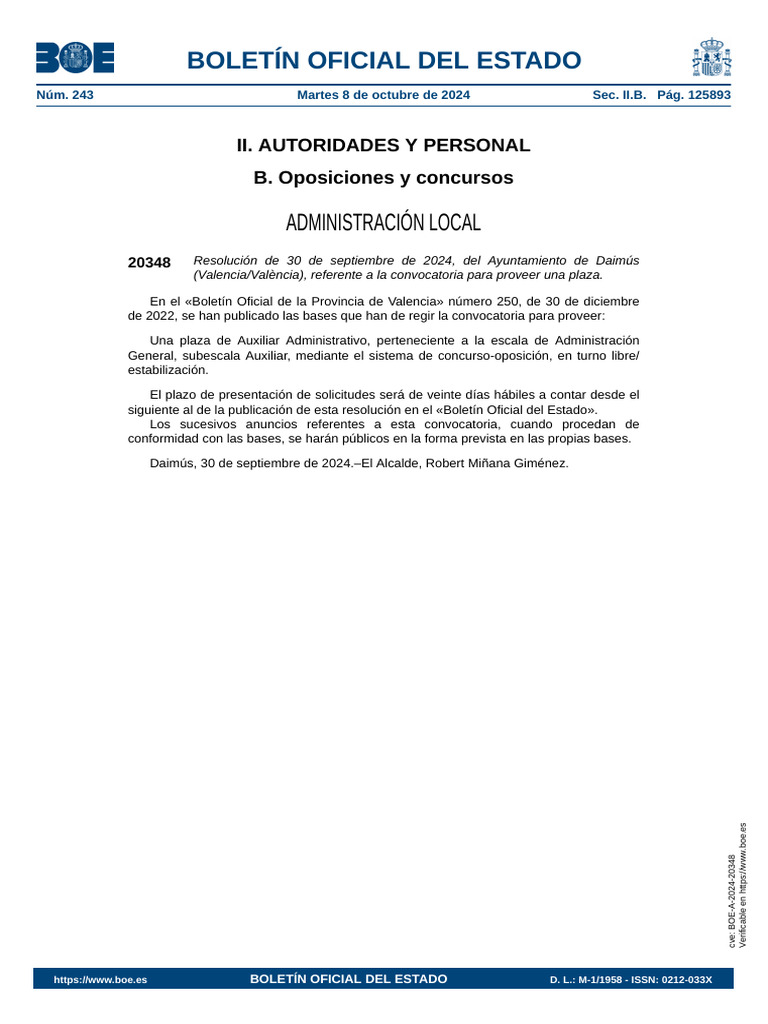 BOE 1 Plaã A Aux Adm DAIMUS C-O | PDF | Finanzas y dinero