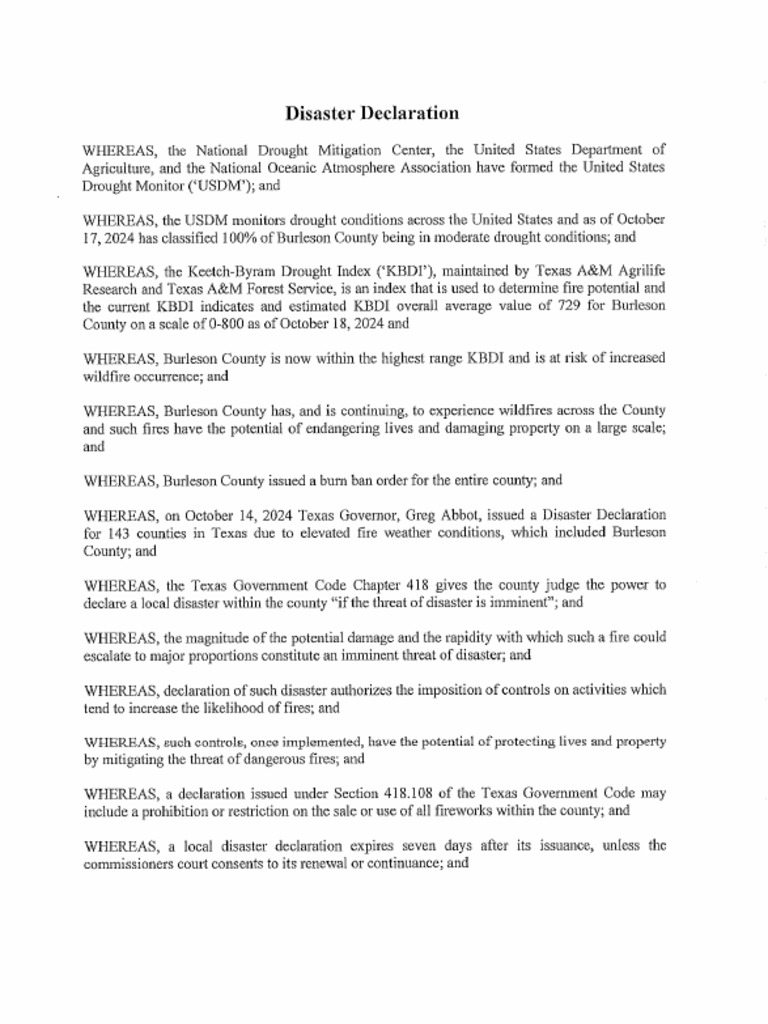 Disaster Declaration - Burleson Co. - 10-18-24 | PDF