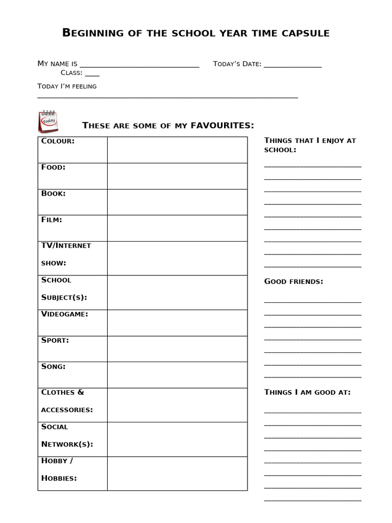 Beginning of The School Year Time Capsule - Share | PDF