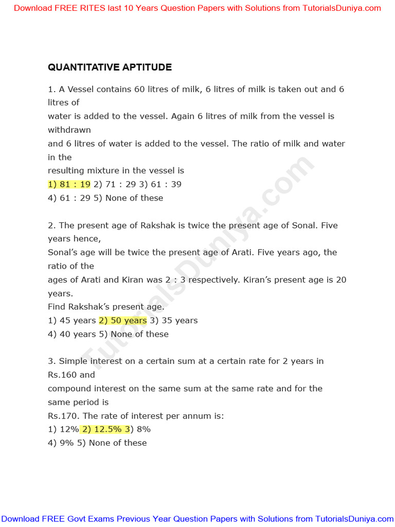 RITES Quantitative Aptitude Question Paper With Solution | PDF | Bric ...