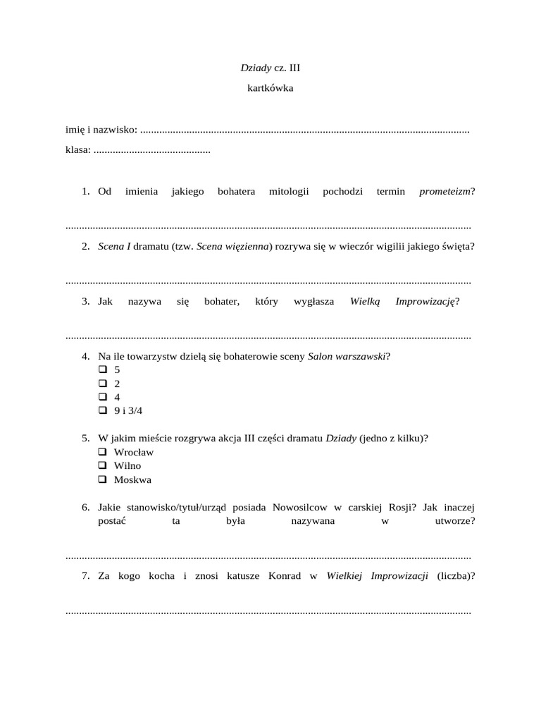 Kartkówka - Dziady CZ III | PDF