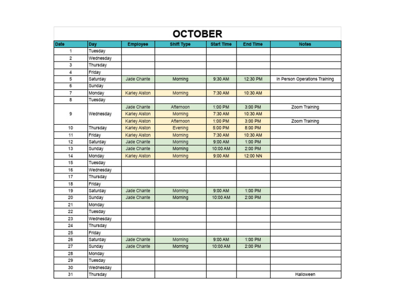 October Shift Schedule - Sheet1 | PDF