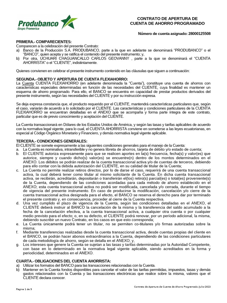 Contrato Cuenta Flexiahorro Produbanco | PDF | Bancos | Cheque
