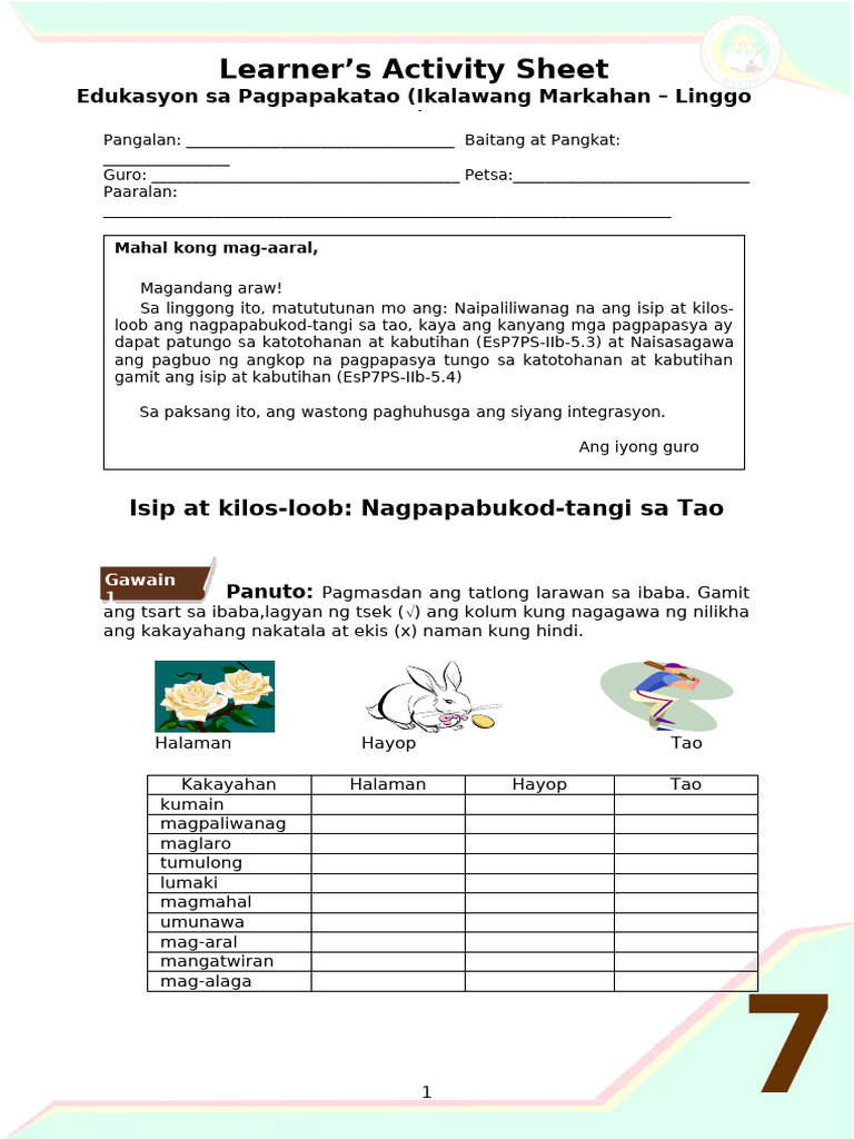 Learner's Activity Sheet: Isip at Kilos-Loob: Nagpapabukod-Tangi Sa Tao ...