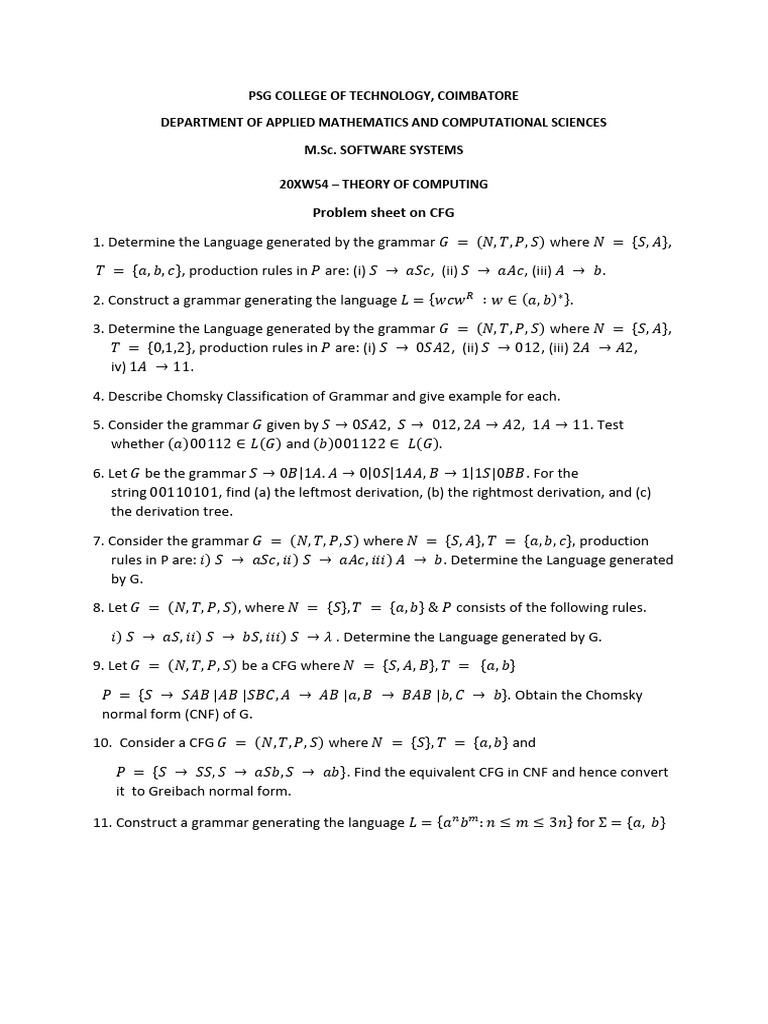 ProbSheet CFG | PDF | Teaching Methods & Materials | Science & Mathematics