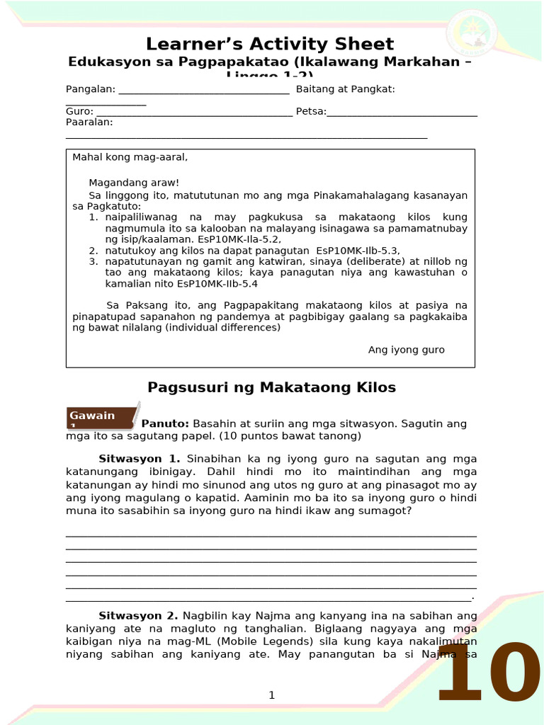 Learner's Activity Sheet: Edukasyon Sa Pagpapakatao (Ikalawang Markahan - Linggo 1-2) | PDF