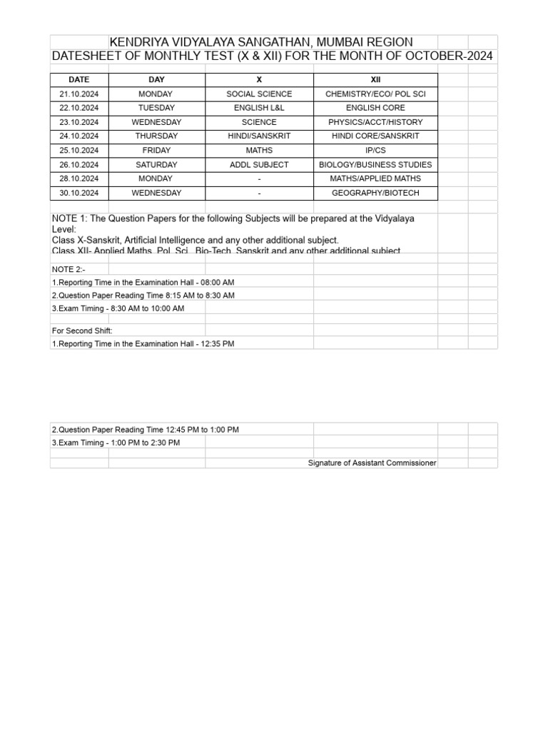October 2024 Monthly Exam Schedule | PDF