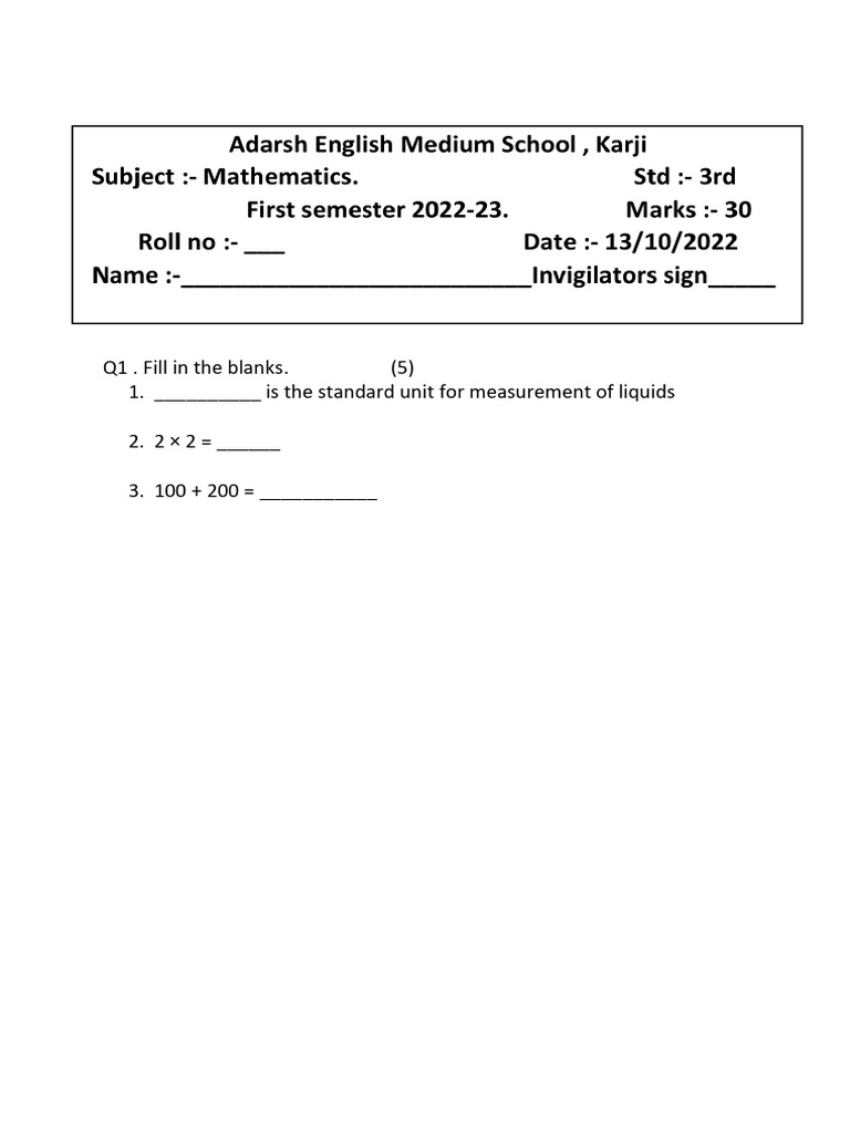 Class 1 Maths Question Paper | PDF | Teaching Methods & Materials ...