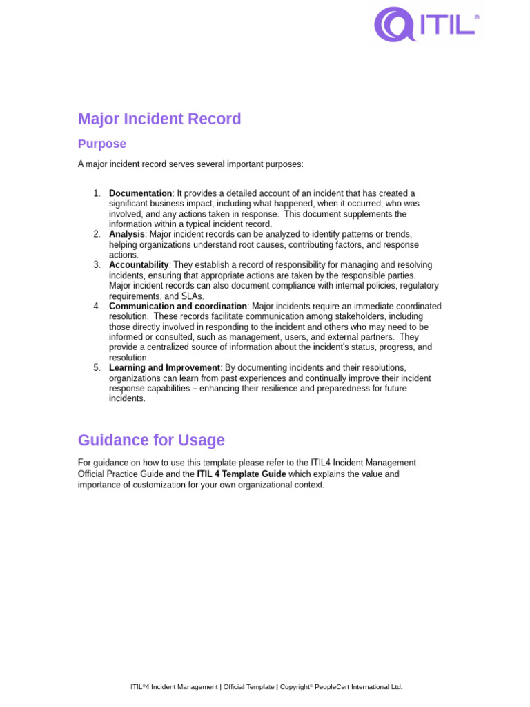 ITIL 4 Major Incident Record Template | PDF | Emergency Management ...