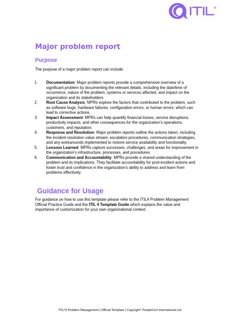 ITIL 4 Major Problem Report Template | PDF | Accountability | Business