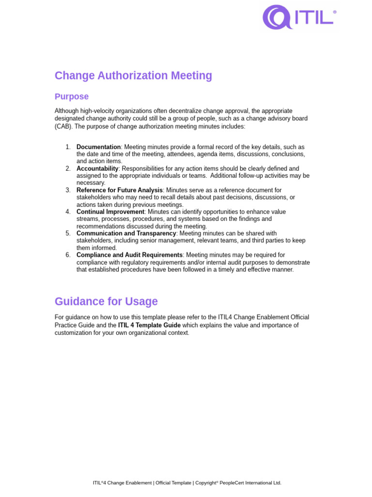 ITIL 4 Change Authorization Meeting Template | PDF | Internal Audit ...