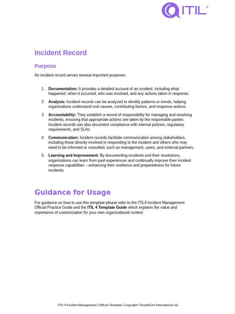 ITIL_4_Incident_Record_Template | PDF | Information | Incident Management