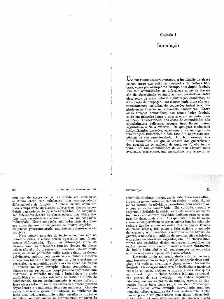 Veblen - Teoria Da Classe Ociosa - Capítulos 1 A 6 | PDF