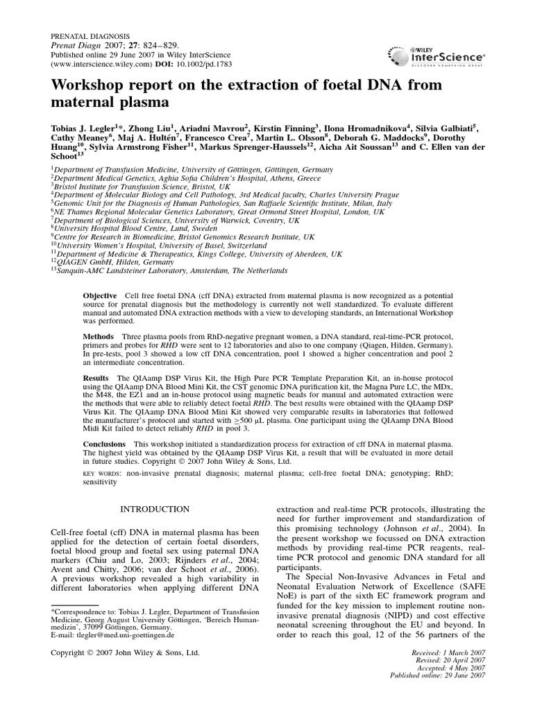 Workshop reports on the extraction of foetal DNA from maternal plasma | PDF | Polymerase Chain ...