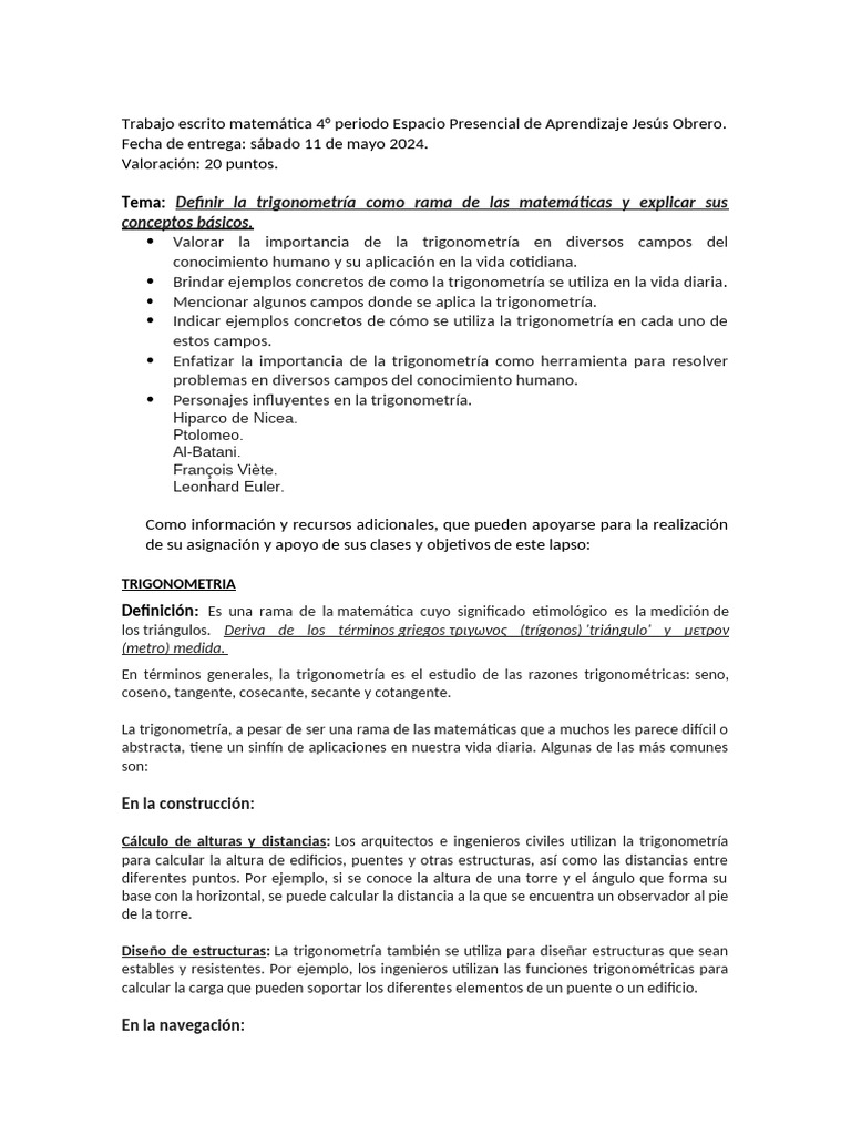 Asignacion Matematica 4 Periodo | PDF | Trigonometría
