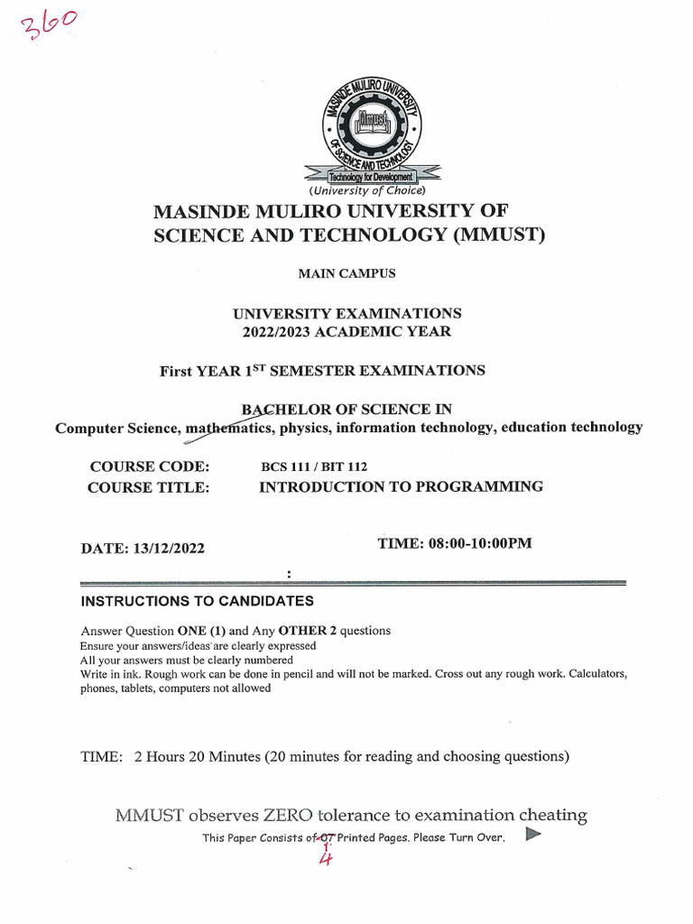 BCS 111lBIT 112 Exams | PDF