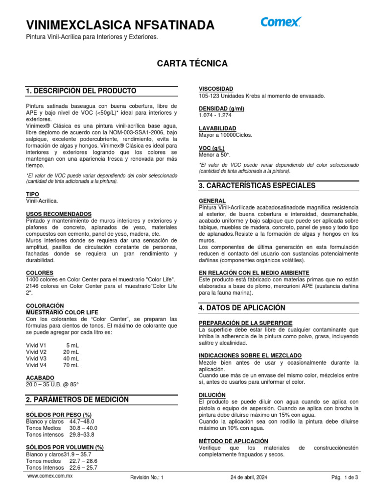 Ficha Técnica de Vinimex Clásica Satinada | PDF