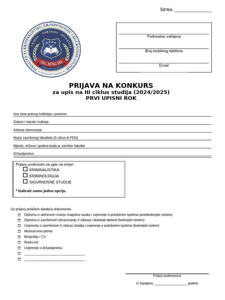 Prijava Na Konkurs III Ciklus - Obrazac | PDF