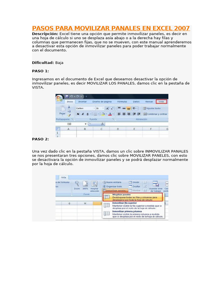 Movilizar paneles en excel 2007 | PDF