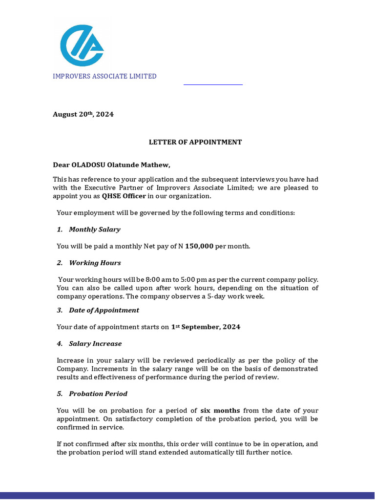 QHSE Officer Appointment Letter | PDF | Employment | Salary