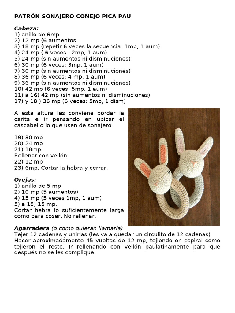 Patrón Sonajero Conejo Pica Pau | PDF | Costura | Tejidos