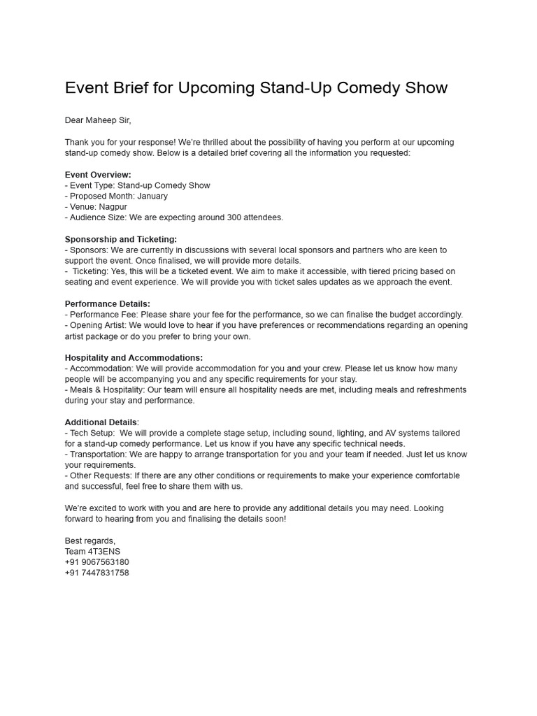 Event Brief For Upcoming Stand-Up Comedy Show | PDF
