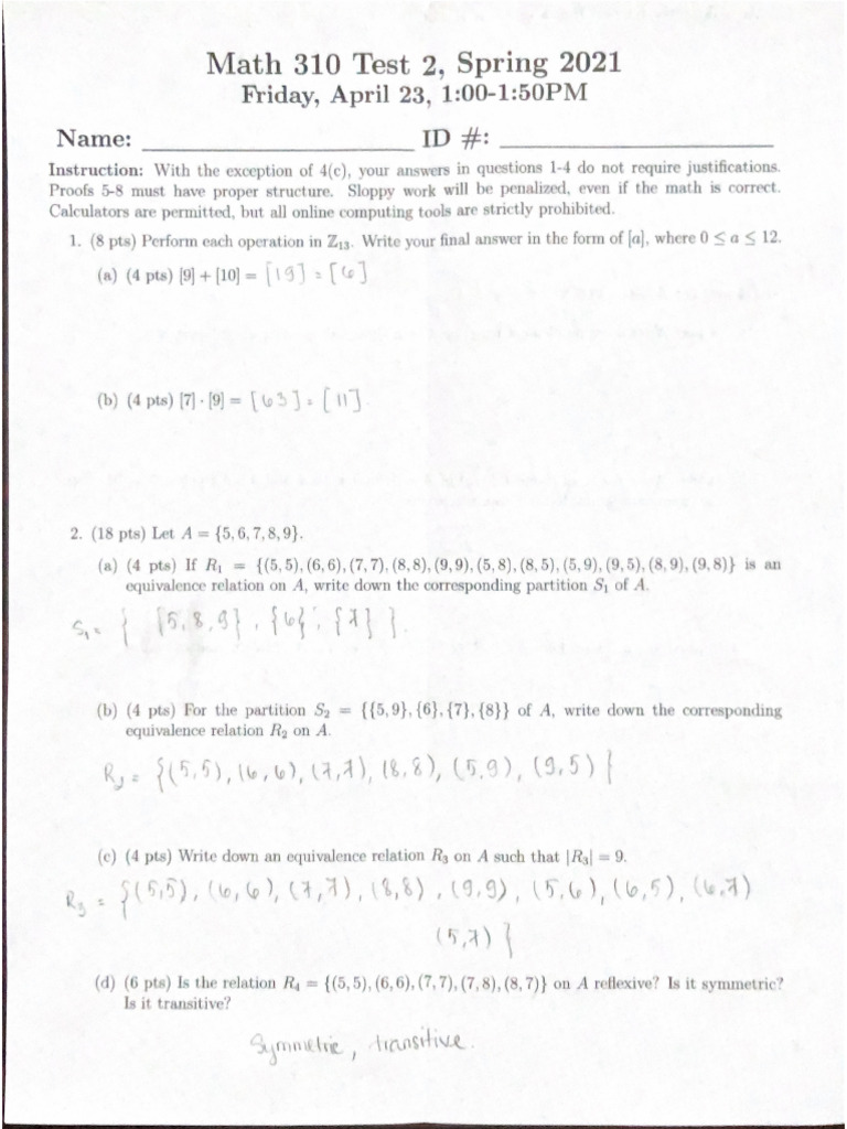 Math 310 Test 2 Spring 2021 Details | PDF | Mathematical Concepts ...