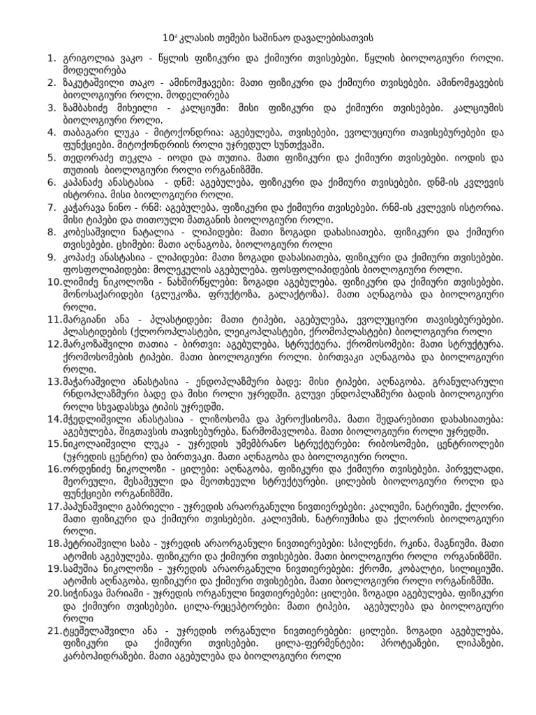 10 ა კლასის თემები 2022 Pdf