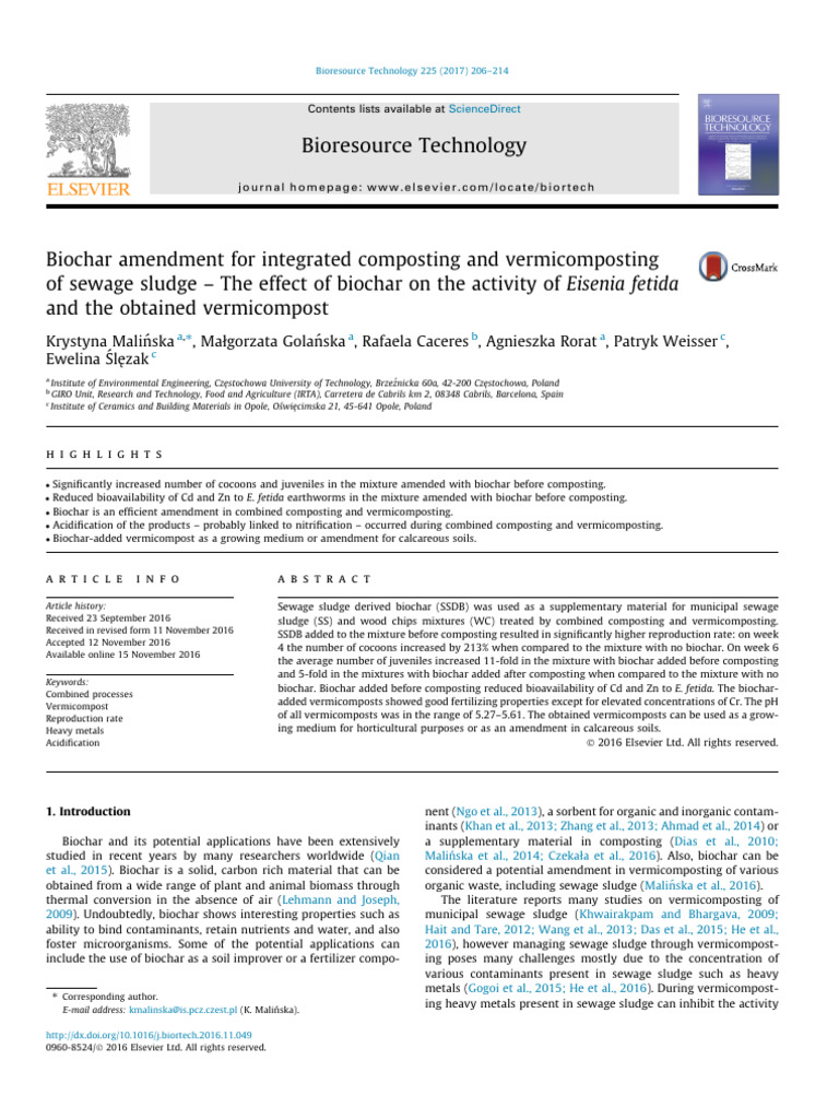 Biochar Amendment For Integrated Composting and Vermicompostin 2017 Bioresou | PDF | Compost | Soil