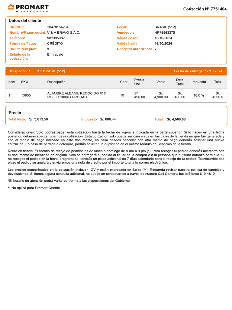 Cotizacion Alambre 161024 Promart | PDF