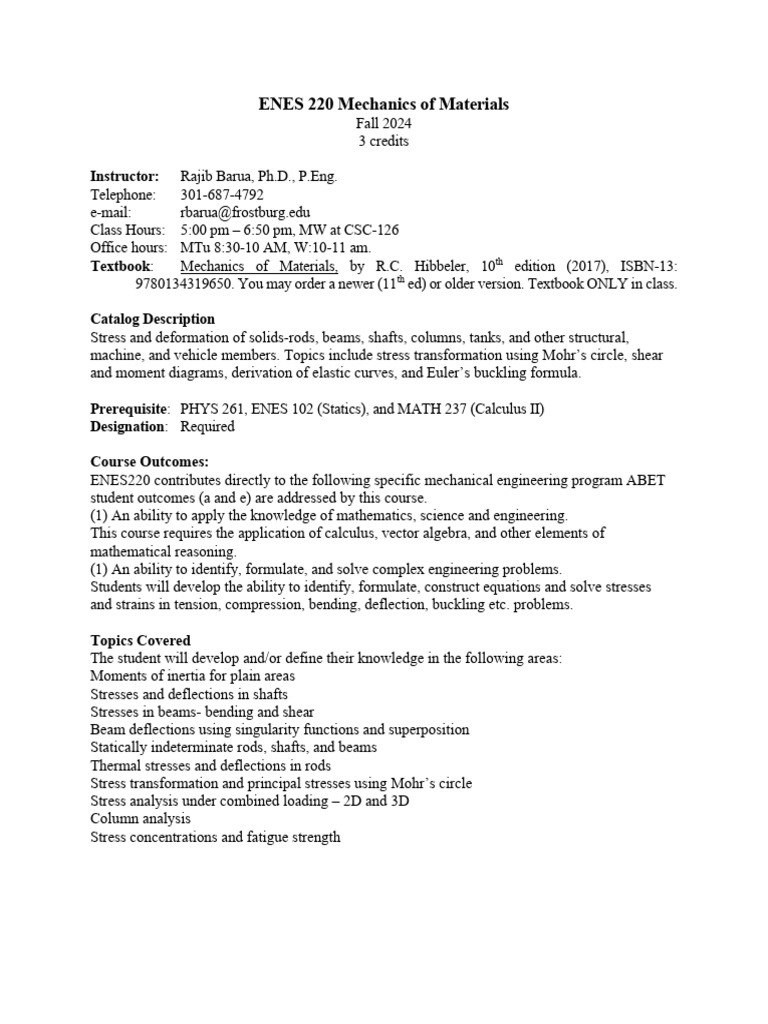 ENES 220 Syllabus-24 RB-draft | PDF | Stress (Mechanics) | Buckling