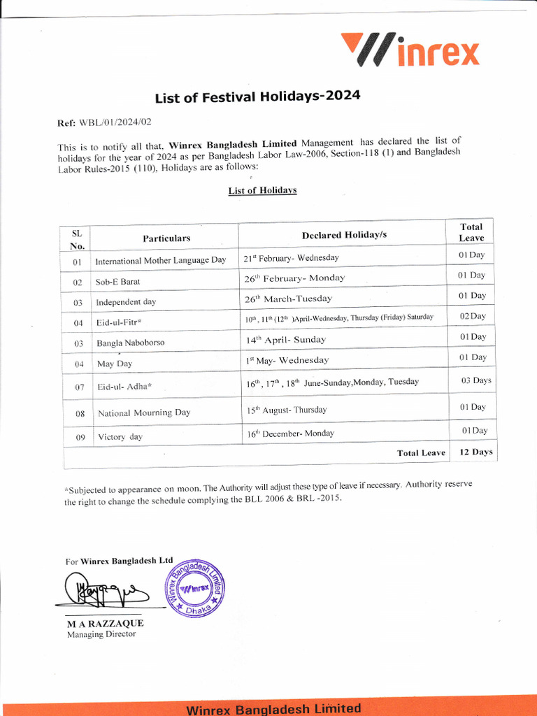 Hoilday List- 2024 | PDF