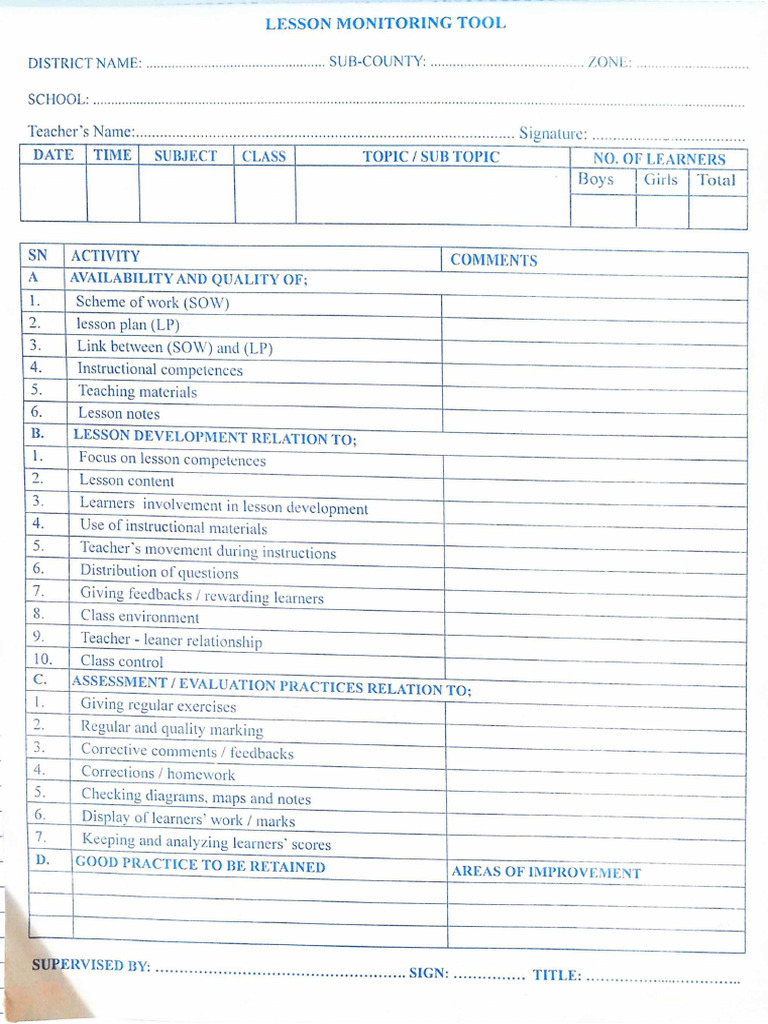 Lesson Monitoring Tool | PDF