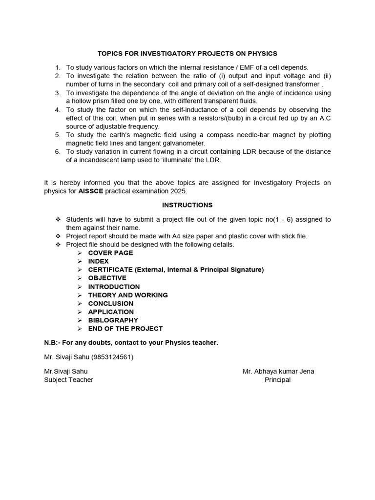 Class 12 Physics Project Topics 2025-26 | PDF